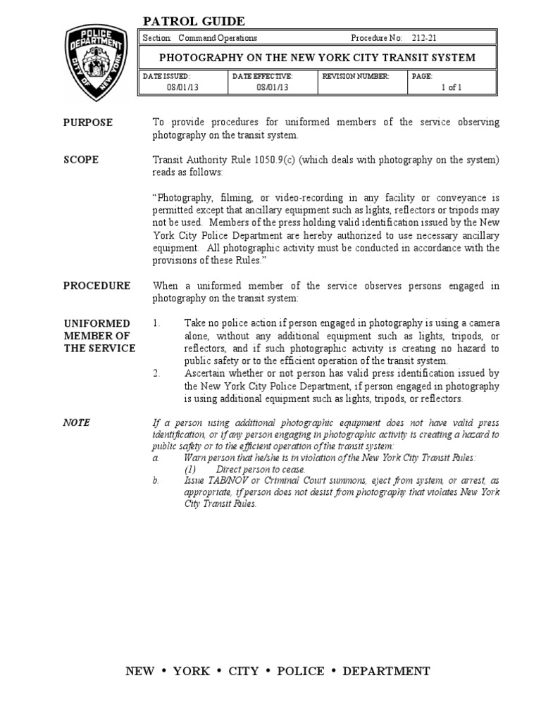 NYPD Patrol Guide - Photography in Subway | PDF