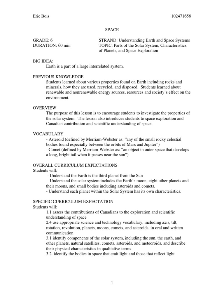Grade 6 Solar System Lesson Plan | PDF | Planets | Space Exploration