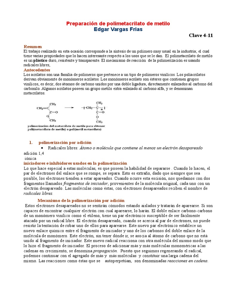 Metacrilato de Metilo | PDF | Polímeros | Radical (Química)