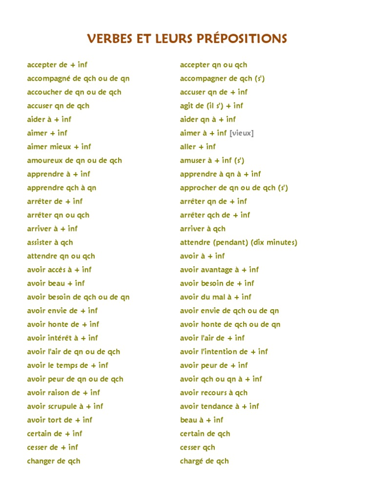 Verbes Et Leurs Prépositions | Fiction et littérature
