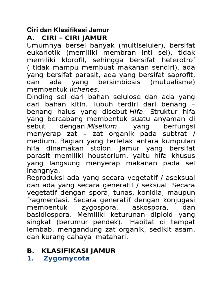 Ciri Dan Klasifikasi Jamur | PDF