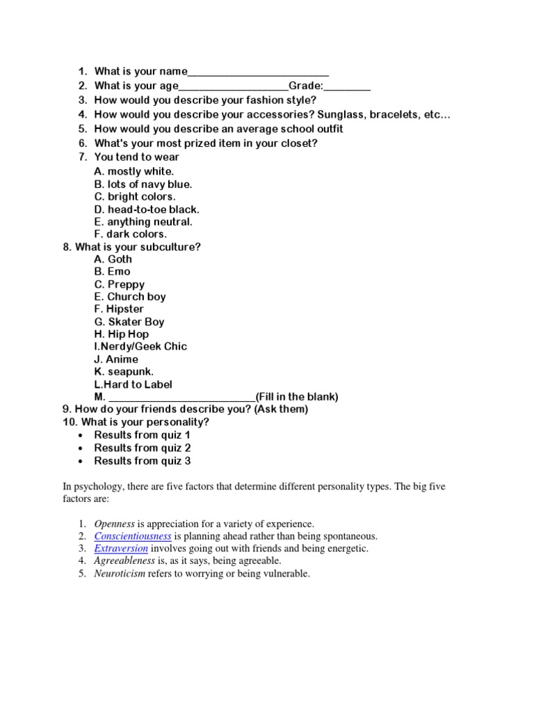 Personality Test Questionnaire | PDF