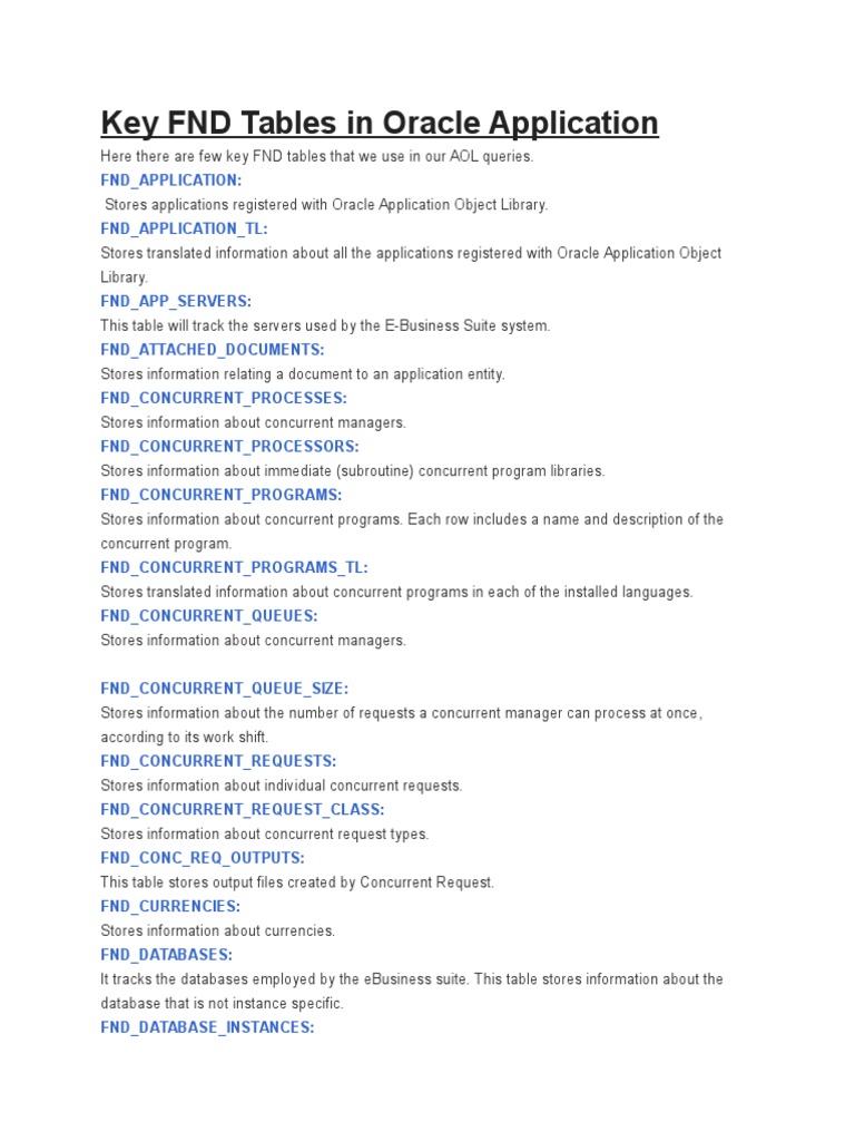 FND Tables Oracle | PDF | Oracle Database | Menu (Computing)