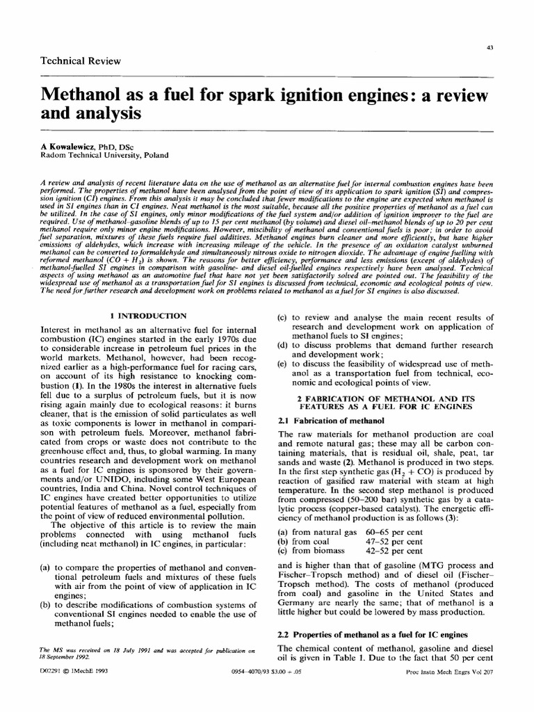Methanol as Fuel for SI Engines Review | PDF | Internal Combustion ...
