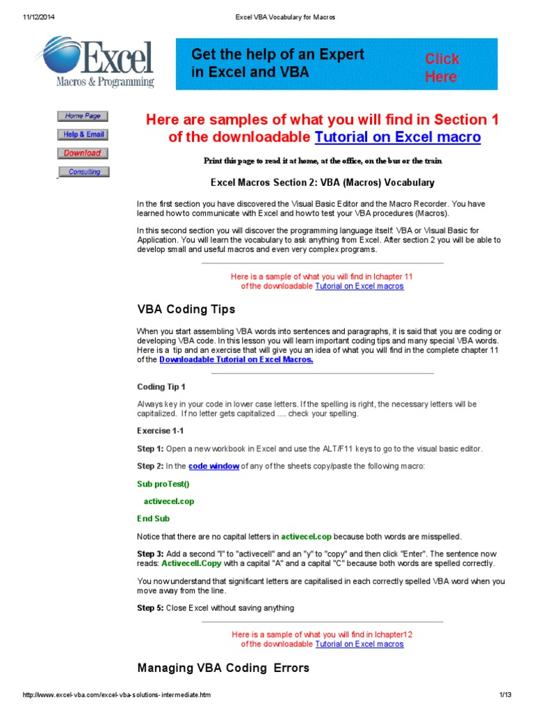 Excel VBA Vocabulary For Macros PDF | PDF | Visual Basic For Applications | Microsoft Excel