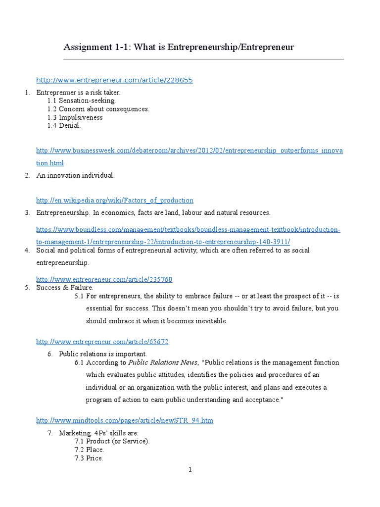 Assignment 1-1: What Is Entrepreneurship/Entrepreneur | PDF ...