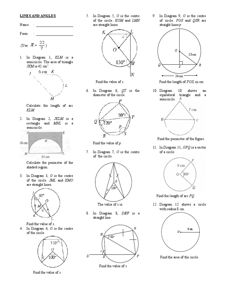 Latihan Lines Angle Circle | PDF | Area | Geometric Measurement