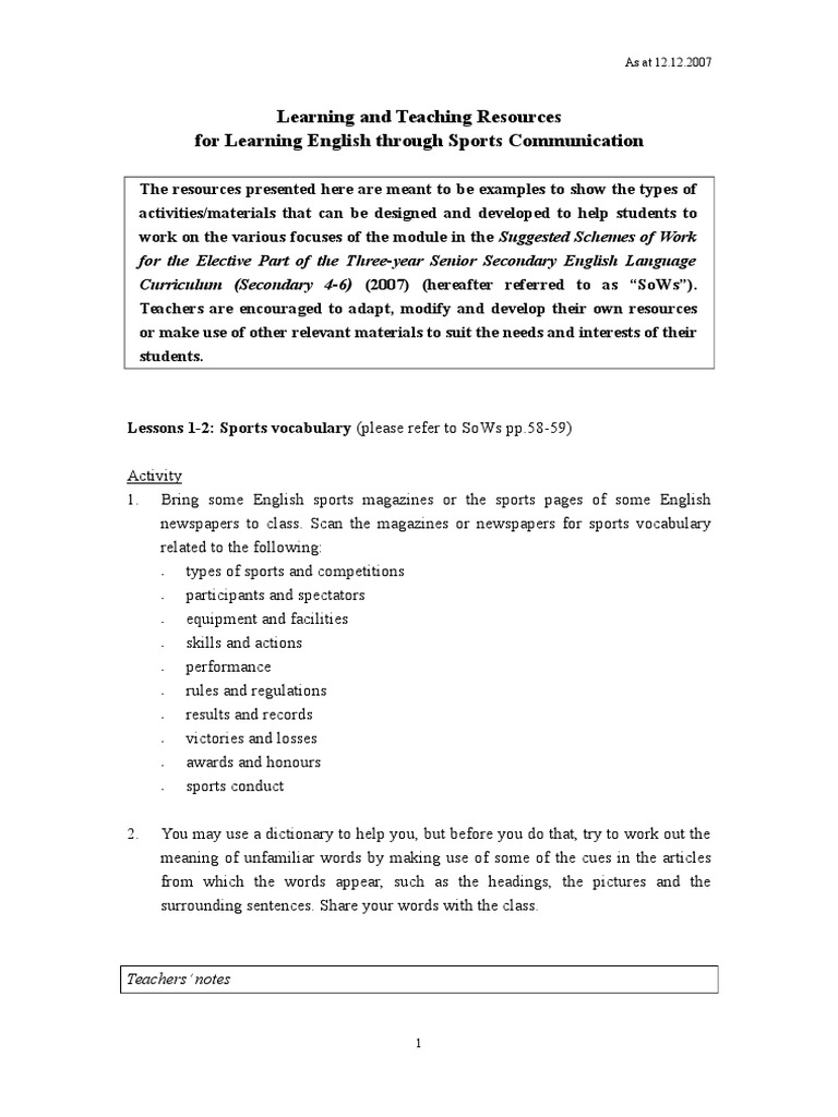 English Learning Through Sports Activities | PDF | Sports | English ...