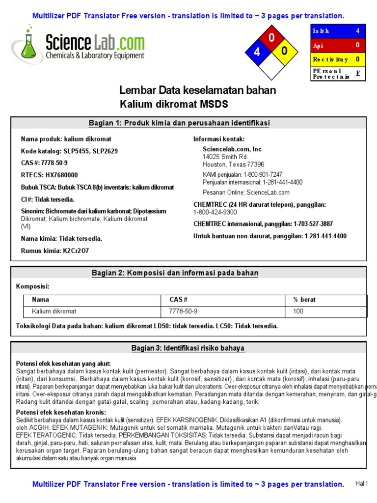 Msds Kalium Dikromat | PDF | Toksisitas | Kromium
