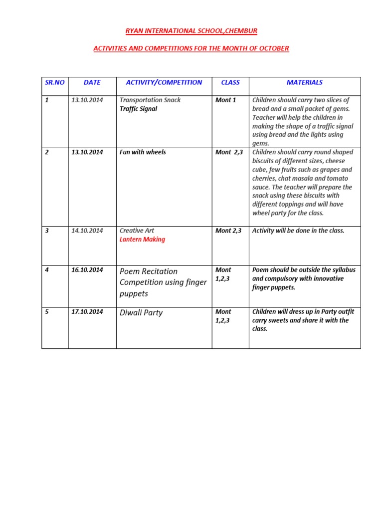 October Activities and Second Assessment Timetable for Ryan ...
