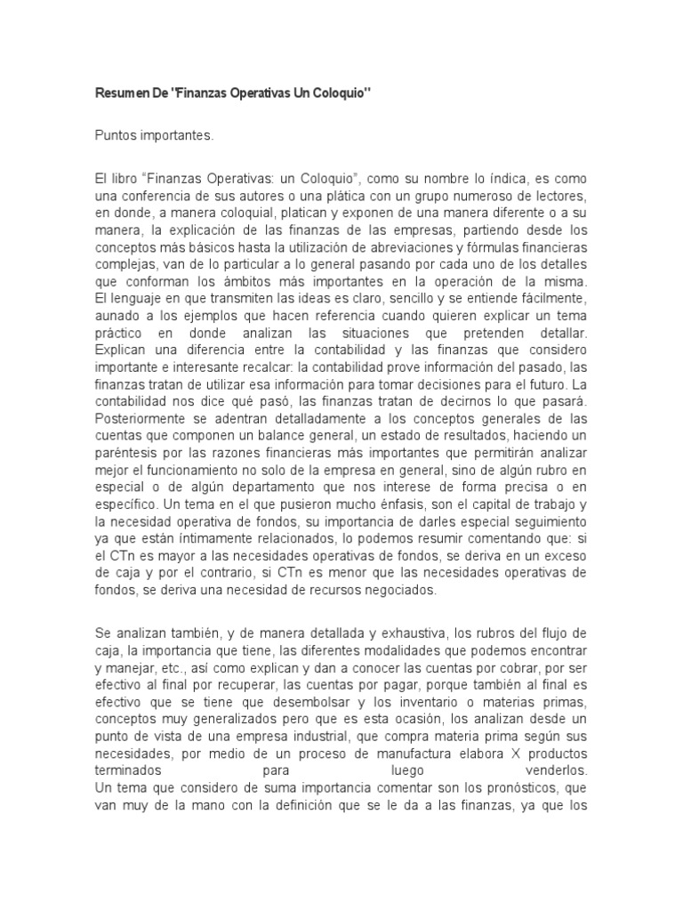 Resumen de Finanzas Operativas Un Coloquio | PDF | Contabilidad | Verdad