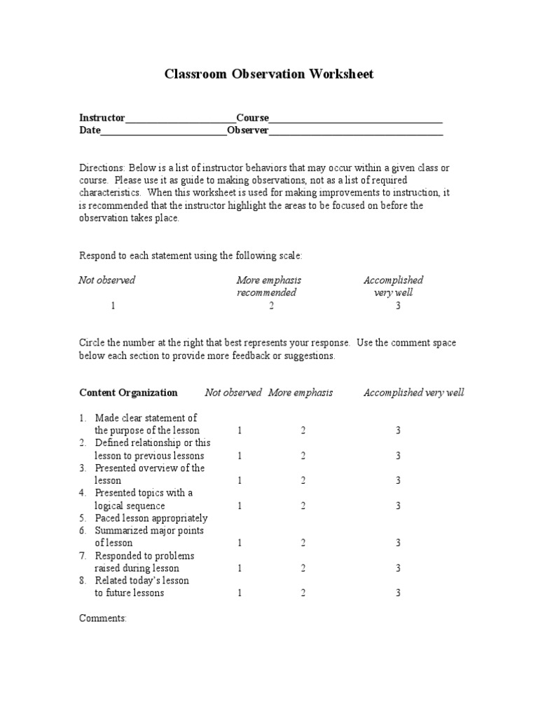 Classroom Observation Worksheet | PDF | Classroom | Nonverbal Communication