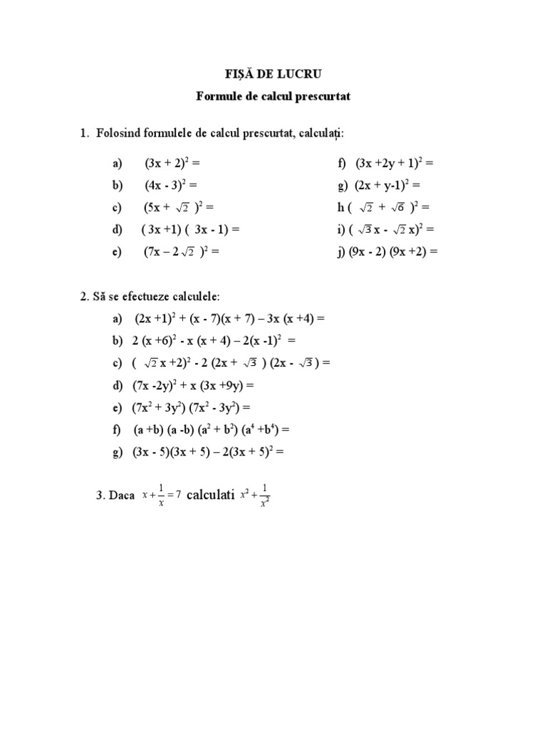 Fisa Formule de Calcul Prescurtat | PDF