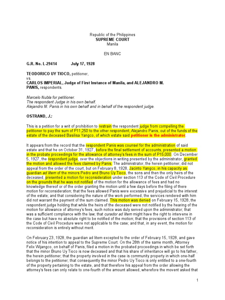 04.a. Uy Tioco vs. Imperial (G.R. No. L-29414) | PDF | Probate | Legal ...
