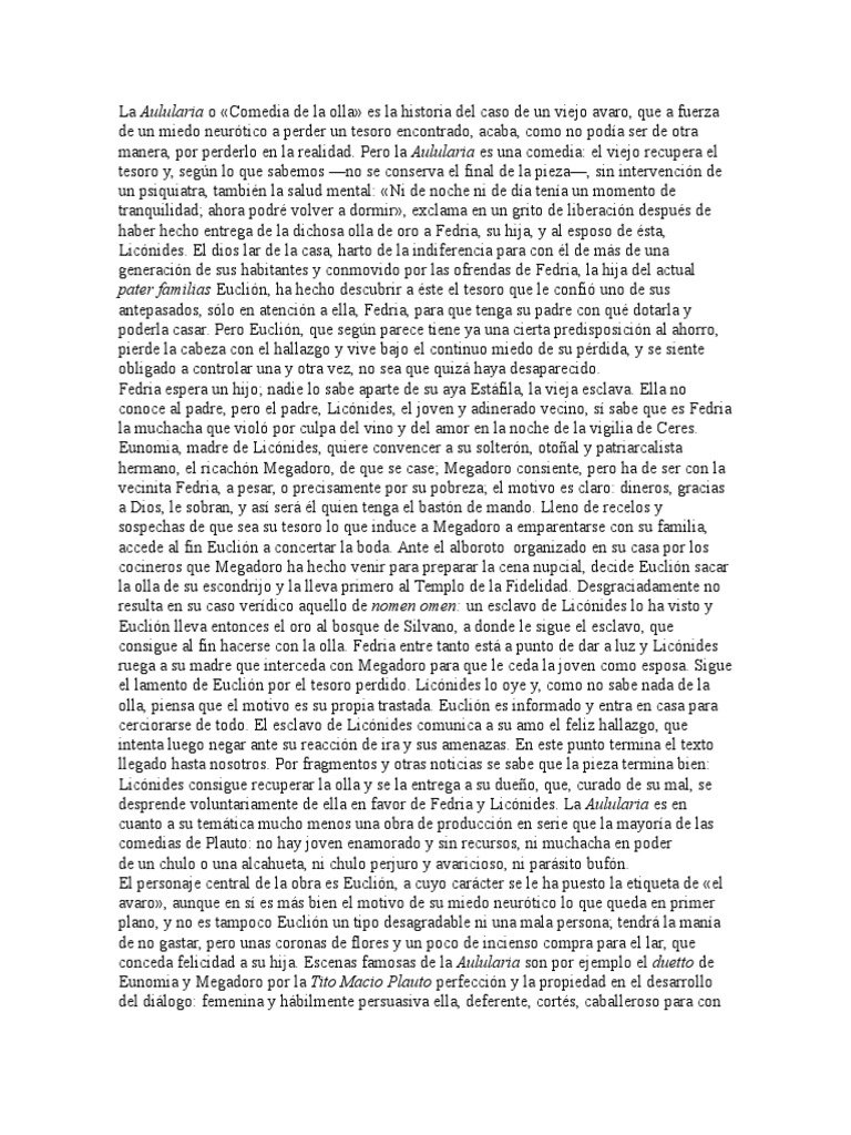 Resumen de "La Aulularia" de Plauto | PDF