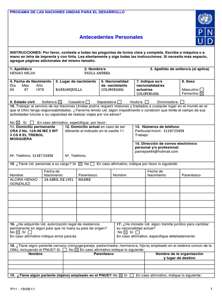 P11 Personal History Form-esP11 | PDF | Multilingüismo | Naciones Unidas