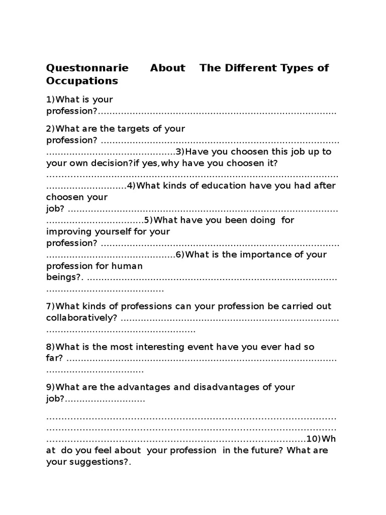 Quest1onnarie About The Different Types of Occupations | PDF