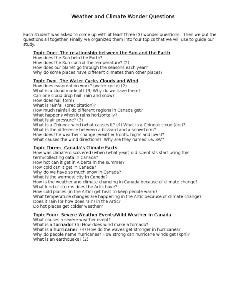 Weather and Climate Wonder Questions | PDF | Social Science | Travel