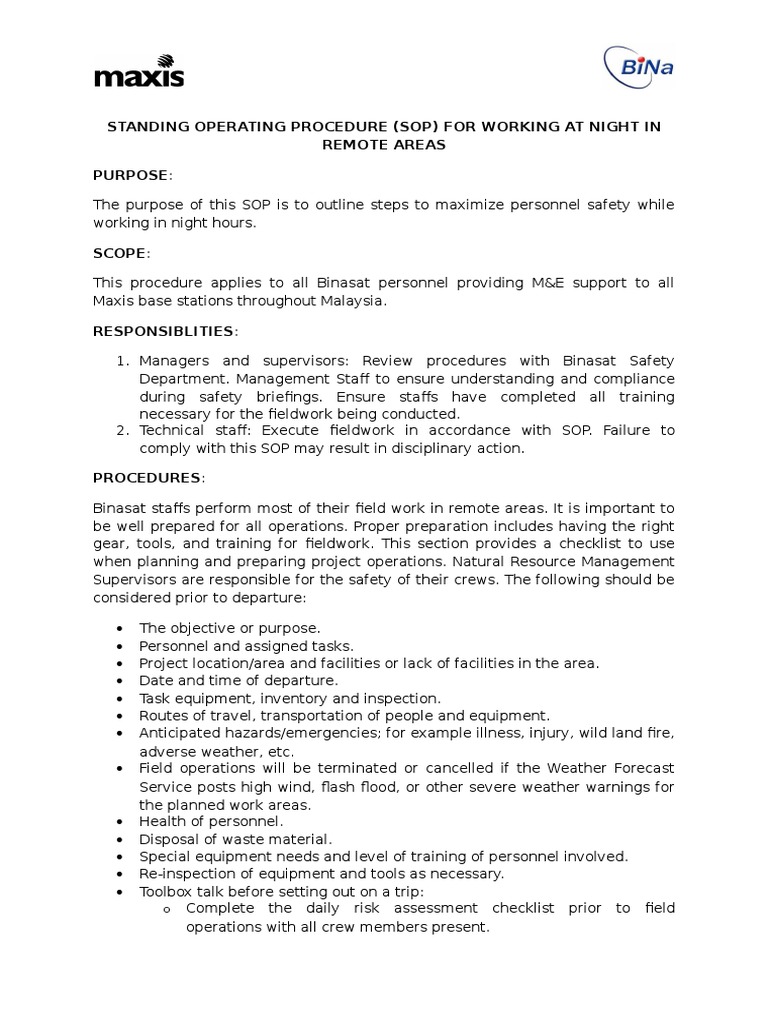 SOP Night Work | PDF | Flashlight | Safety