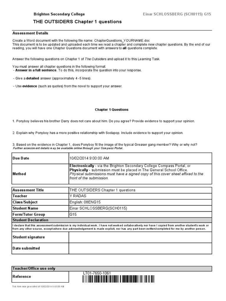 THE OUTSIDERS Chapter 1 Questions: Einar SCHLOSSBERG (SCH0115) G15 | PDF