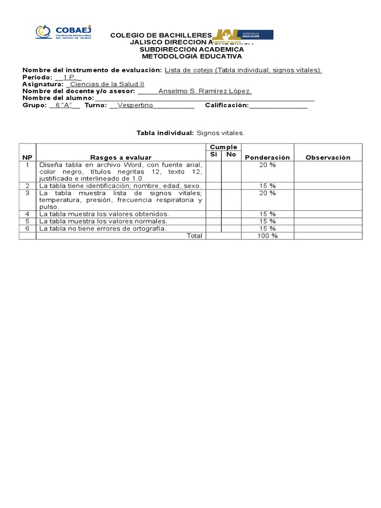 Lista de Cotejo Signos Vitales | PDF