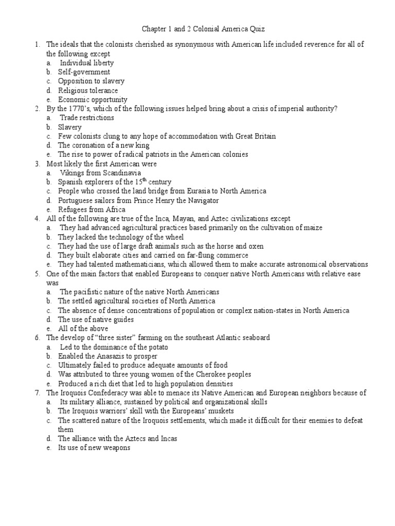 Chapter 1 and 2 Colonial America Quiz With Answer Key | PDF | Native ...