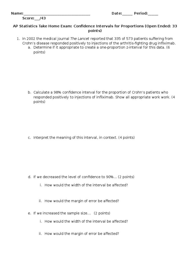 AP Statistics Confidence Intervals Exam | PDF | Margin Of Error ...