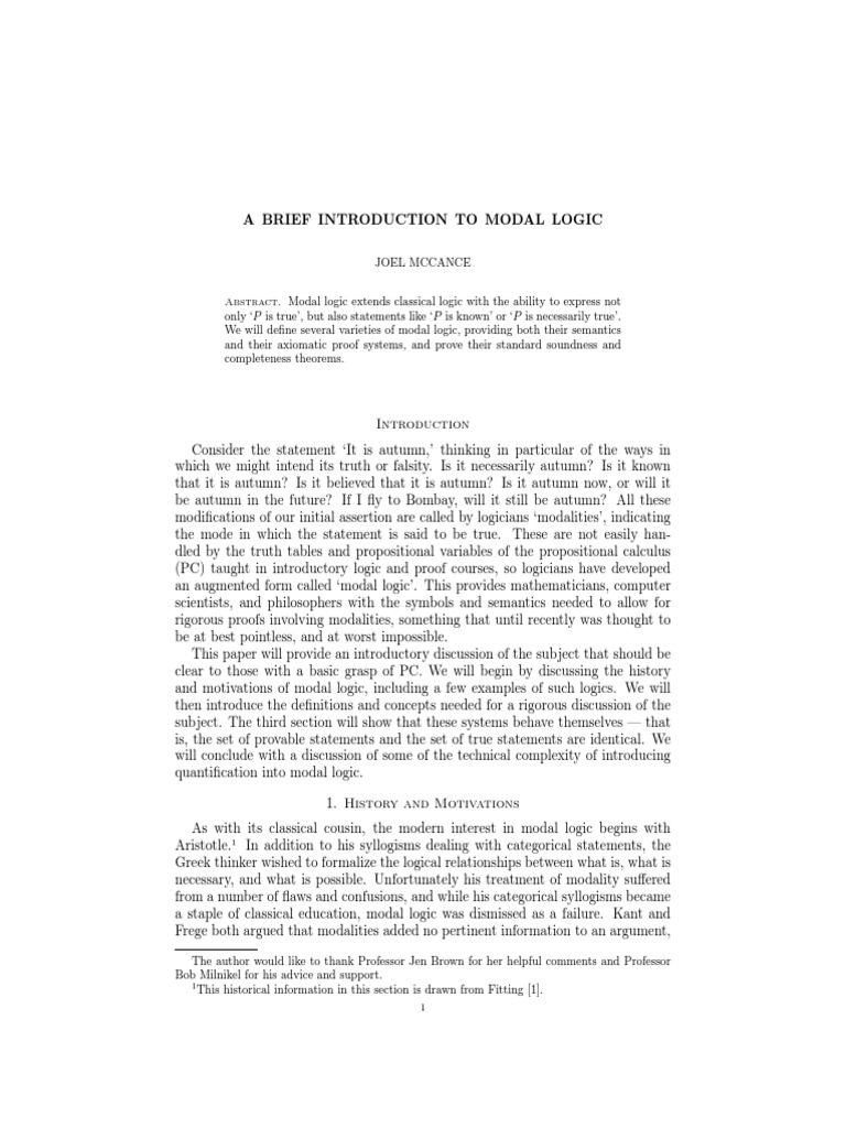 Introduction To Modal Logic | PDF