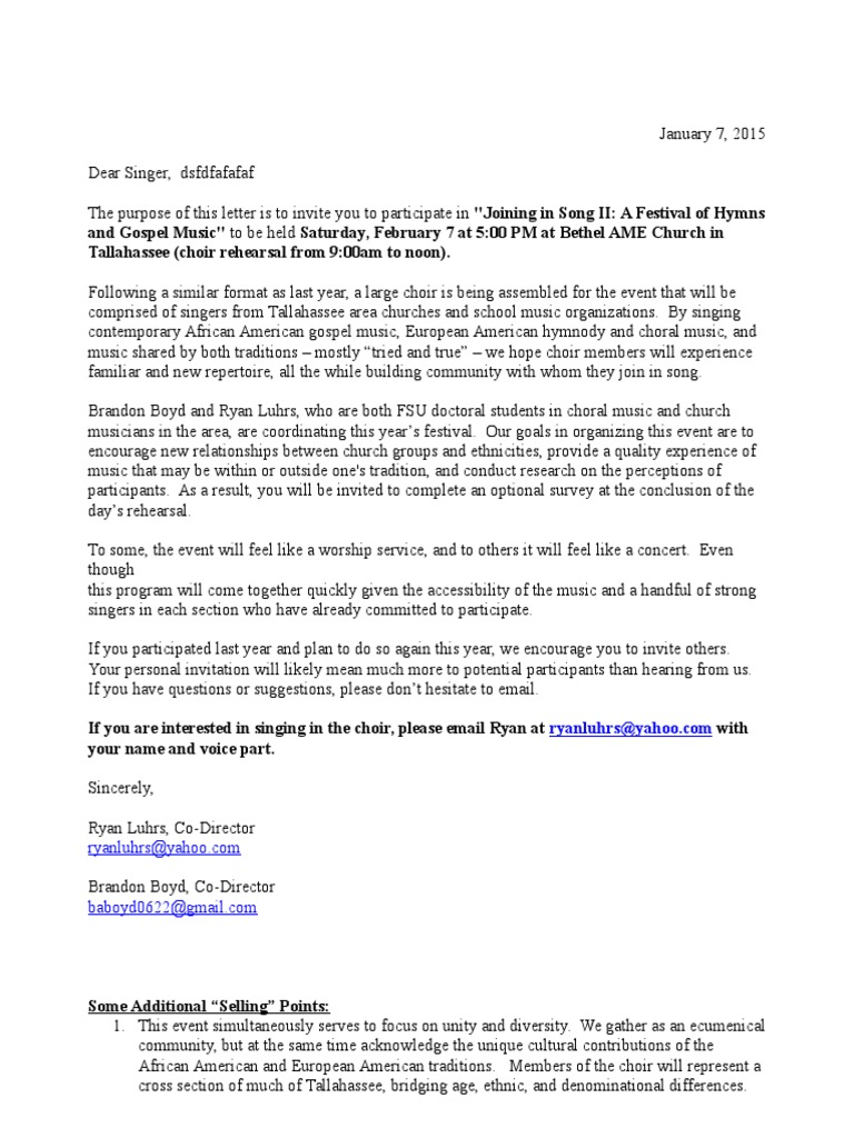 Festival Invitation Letter 2015llk | PDF | Choir | Hymns