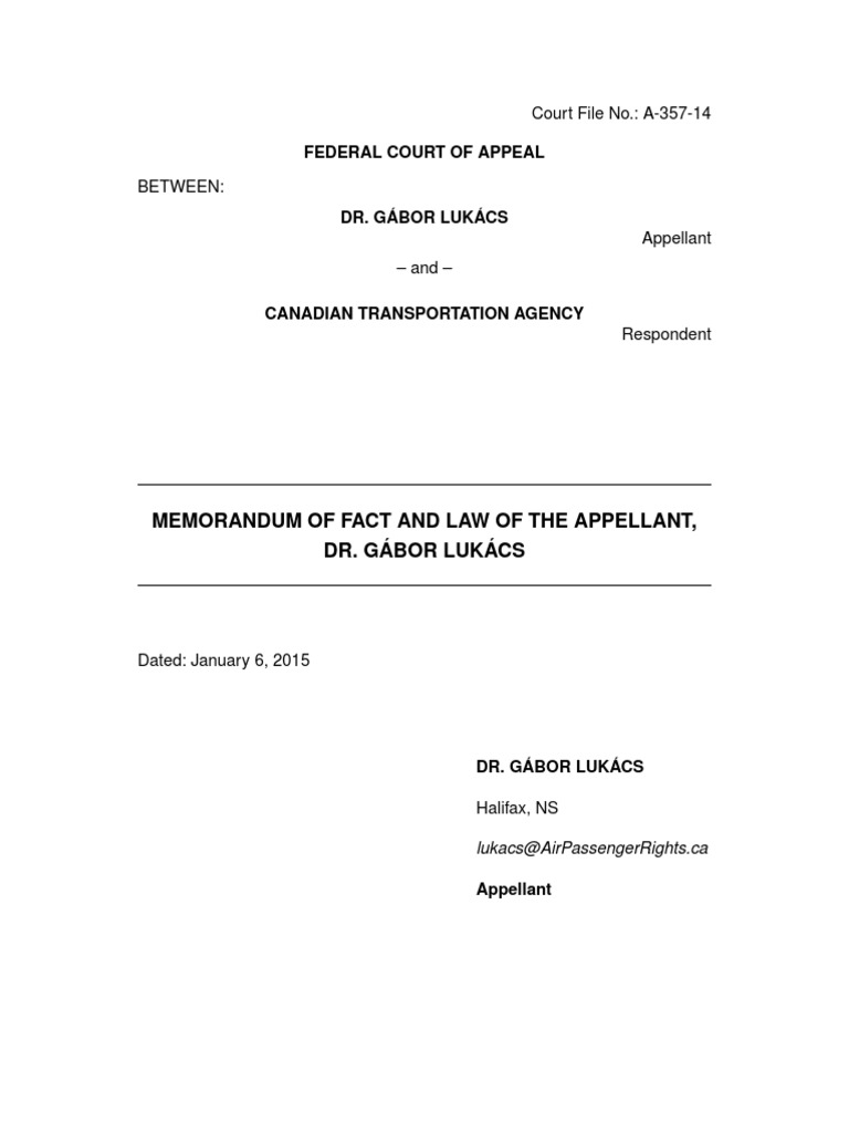 Memorandum of Fact and Law of The Appellant (January 6, 2015) | PDF ...