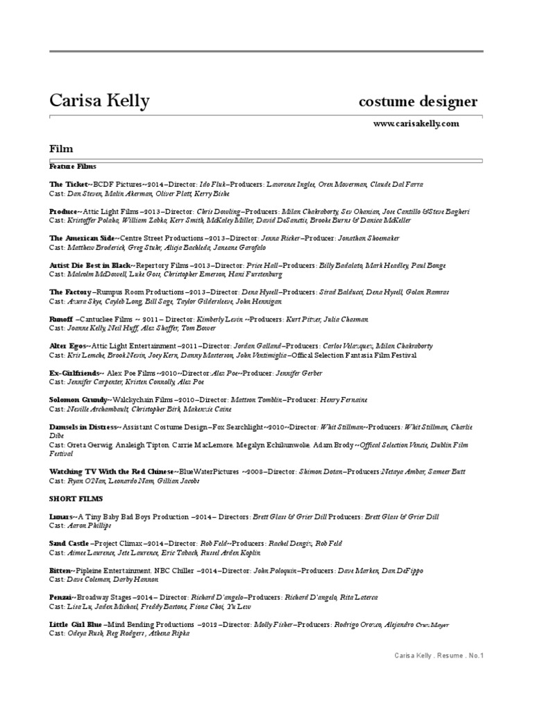 Carisa Kelly: Costume Designer Resume | PDF