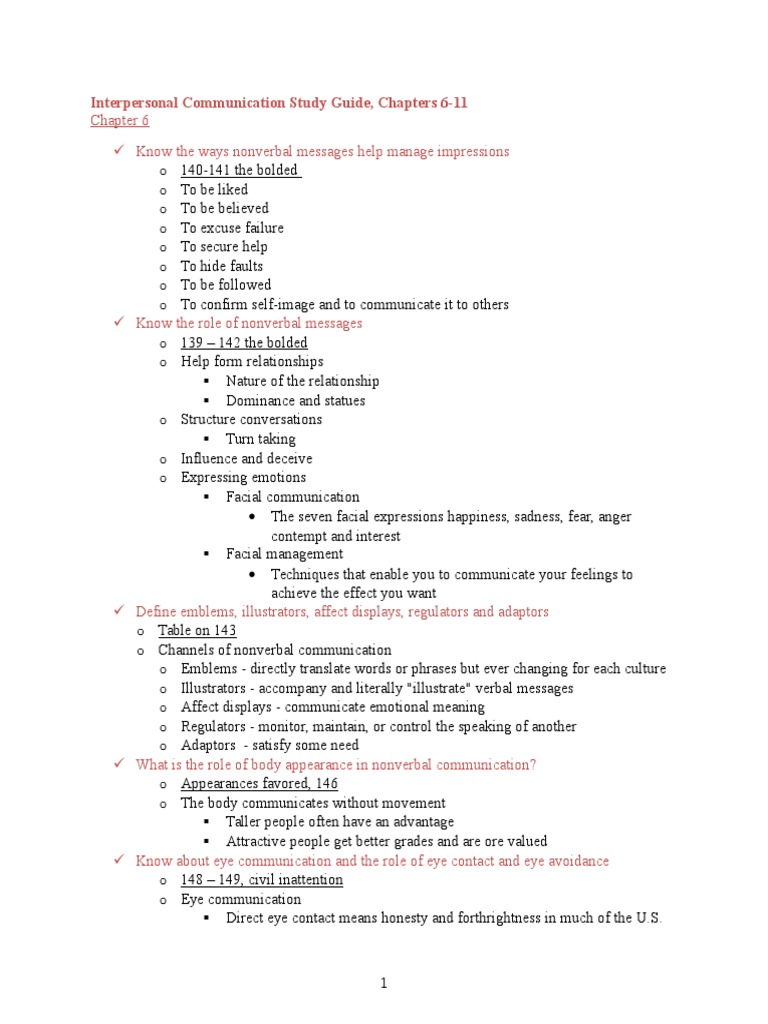 Interpersonal Communication Study Guide, Chapters 6-11 | PDF ...