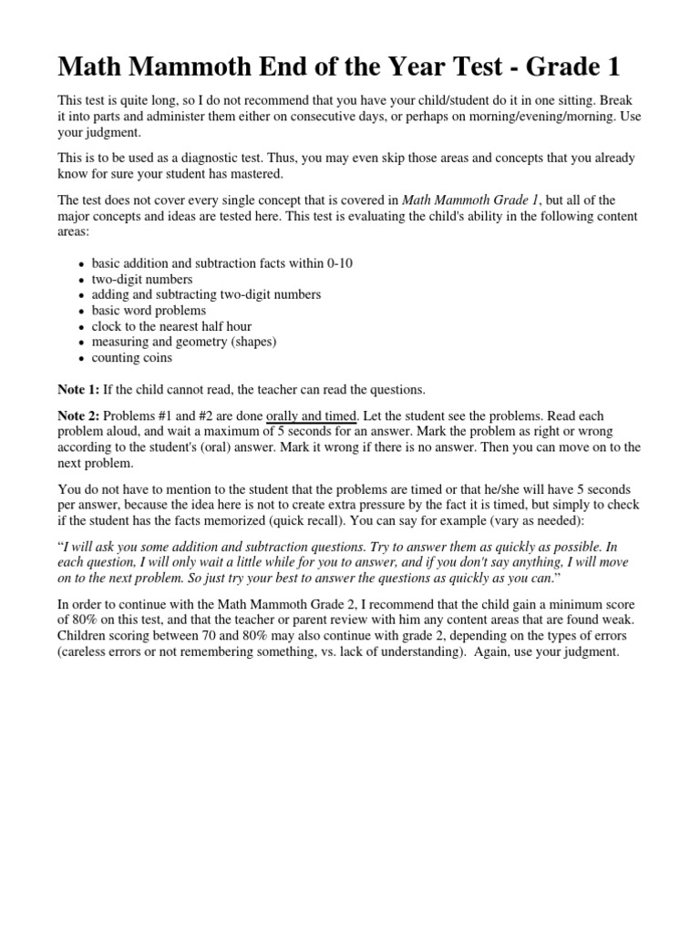 Math Mammoth End of The Year Test - Grade 1 | PDF | Cognition ...
