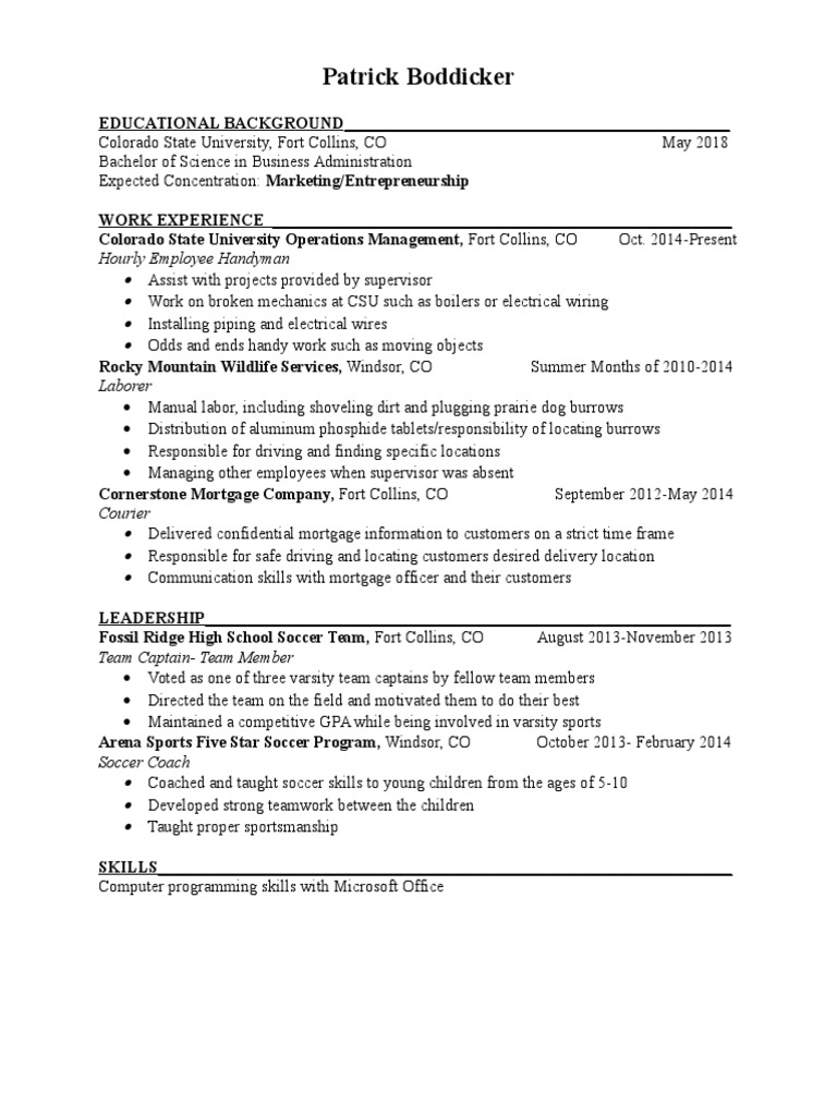 Patrick Boddicker Resume For Intol N To Business | PDF
