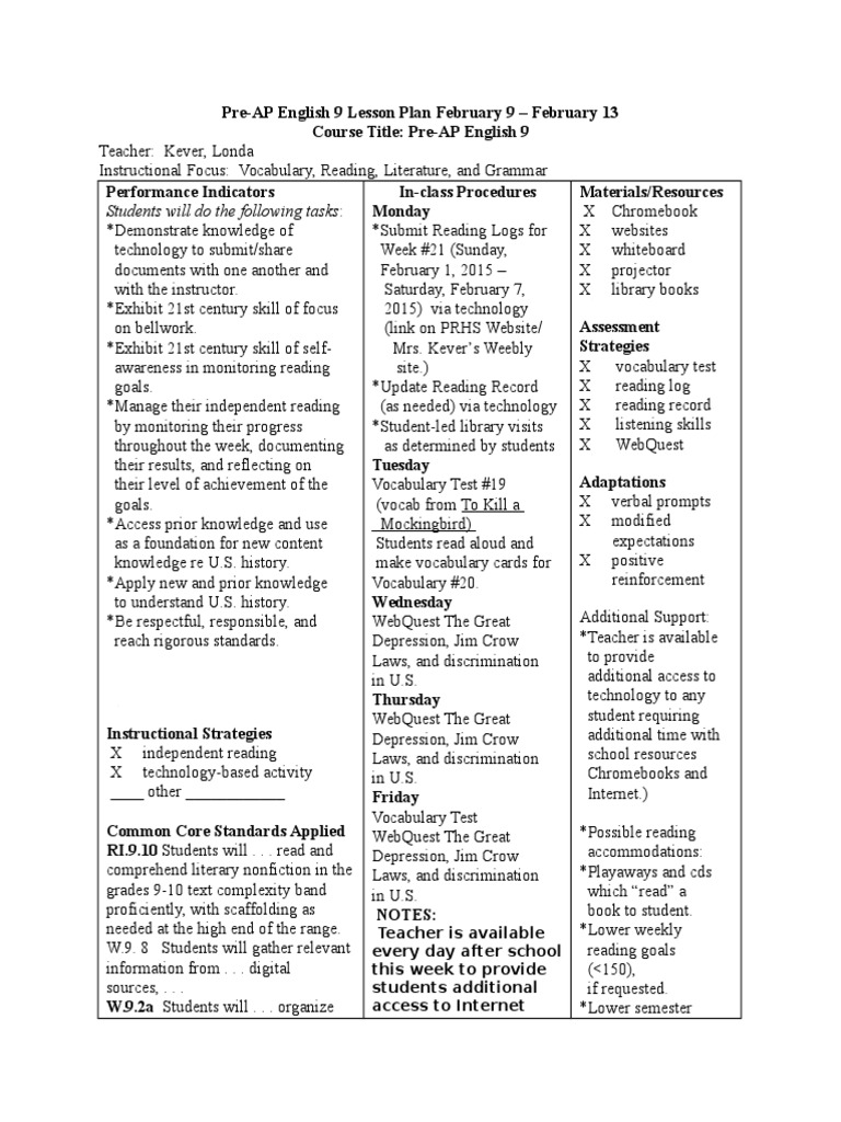 Pre-AP English 9 Lesson Plan Overview | PDF | Lesson Plan | Reading ...