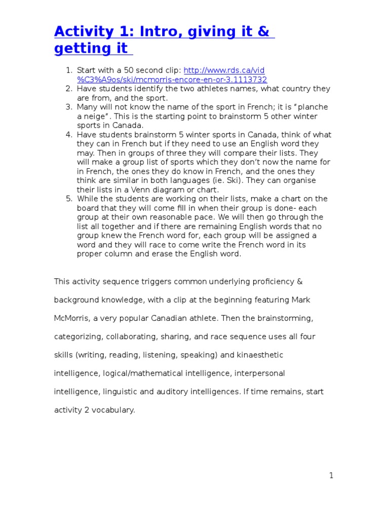 Sports Unit - Activities | PDF | French Language | Reading Comprehension