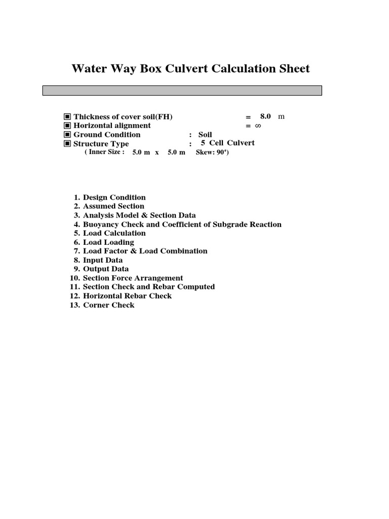 Water Way Box Culvert Calculation Sheet | PDF | Bending | Chemical ...