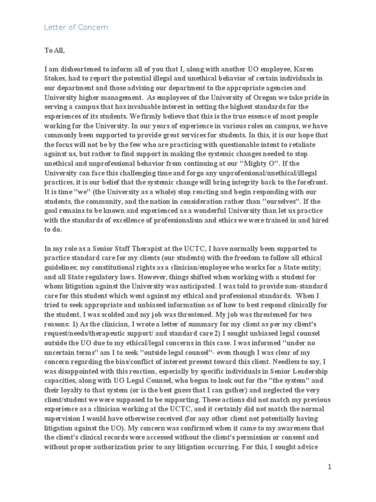 Letter of Concern - University of Oregon | PDF | Bias | Lawyer