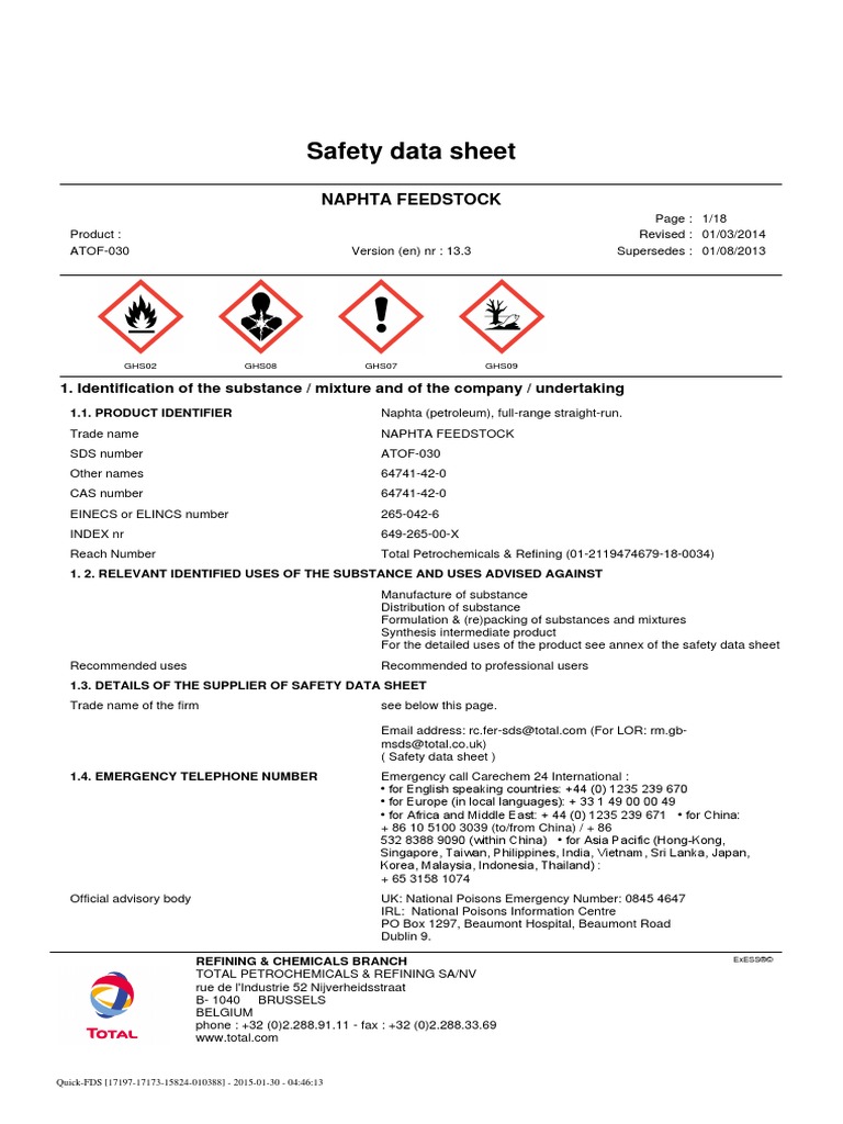 Safety Data Sheet: Naphta Feedstock | PDF | Carbon Dioxide | Toxicity