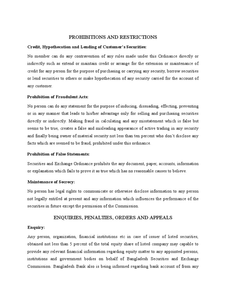 Prohibitions and Restrictions: Credit, Hypothecation and Lending of ...