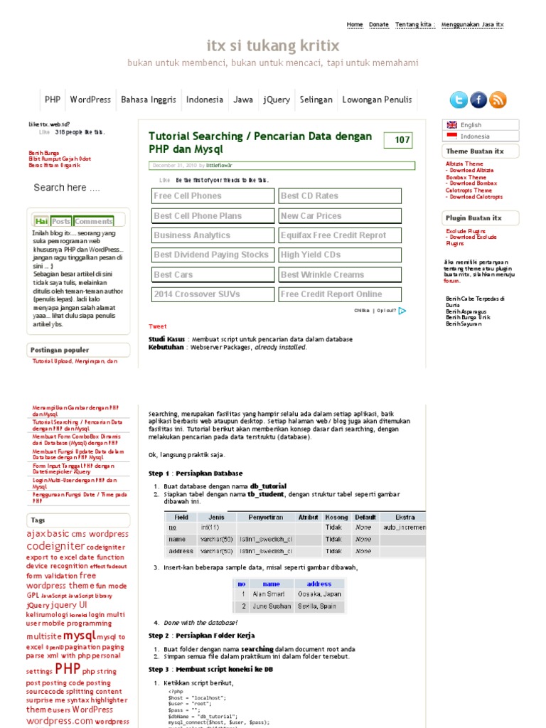 Tutorial Searching - Pencarian Data Dengan PHP Dan Mysql | PDF