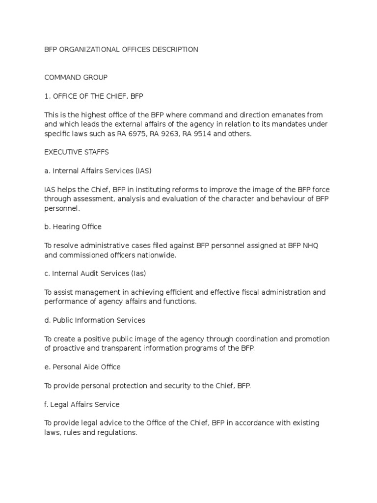 BFP Organizational Offices Description | PDF | Fire Safety | Safety