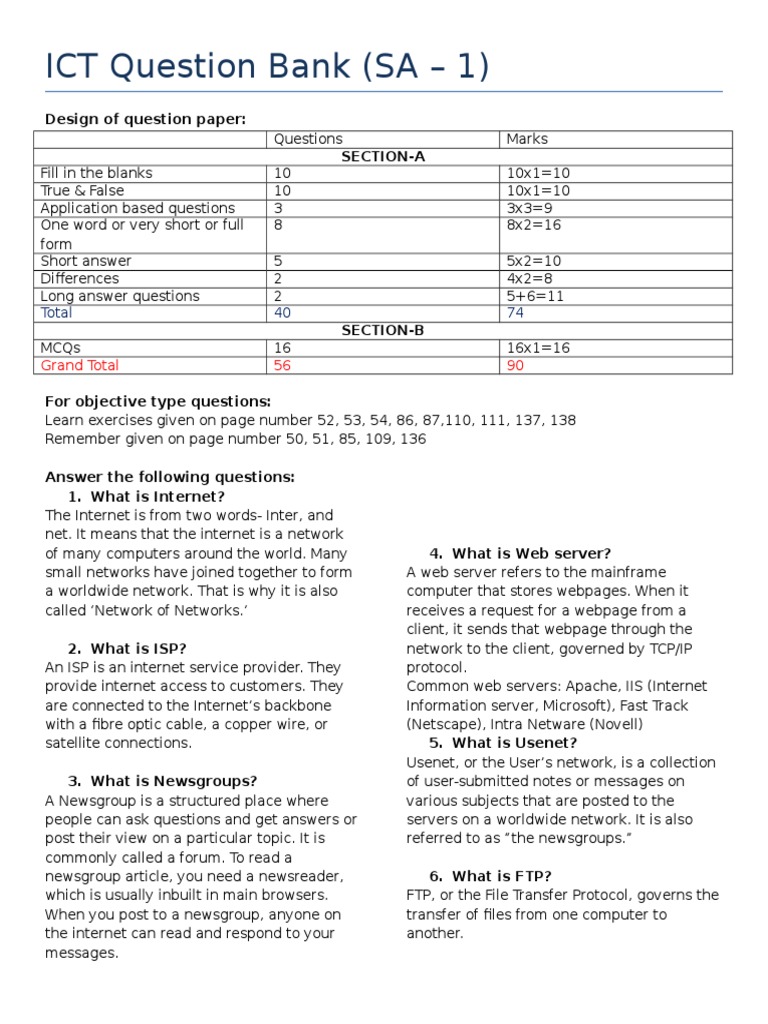 ICT SA-I Question Bank Class 10 | PDF | Websites | Web Page