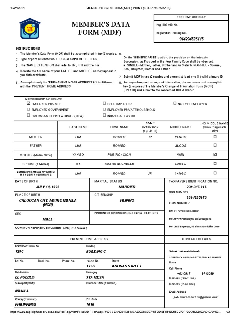 Member's Data Form (MDF) Print (No | PDF | Government Information ...