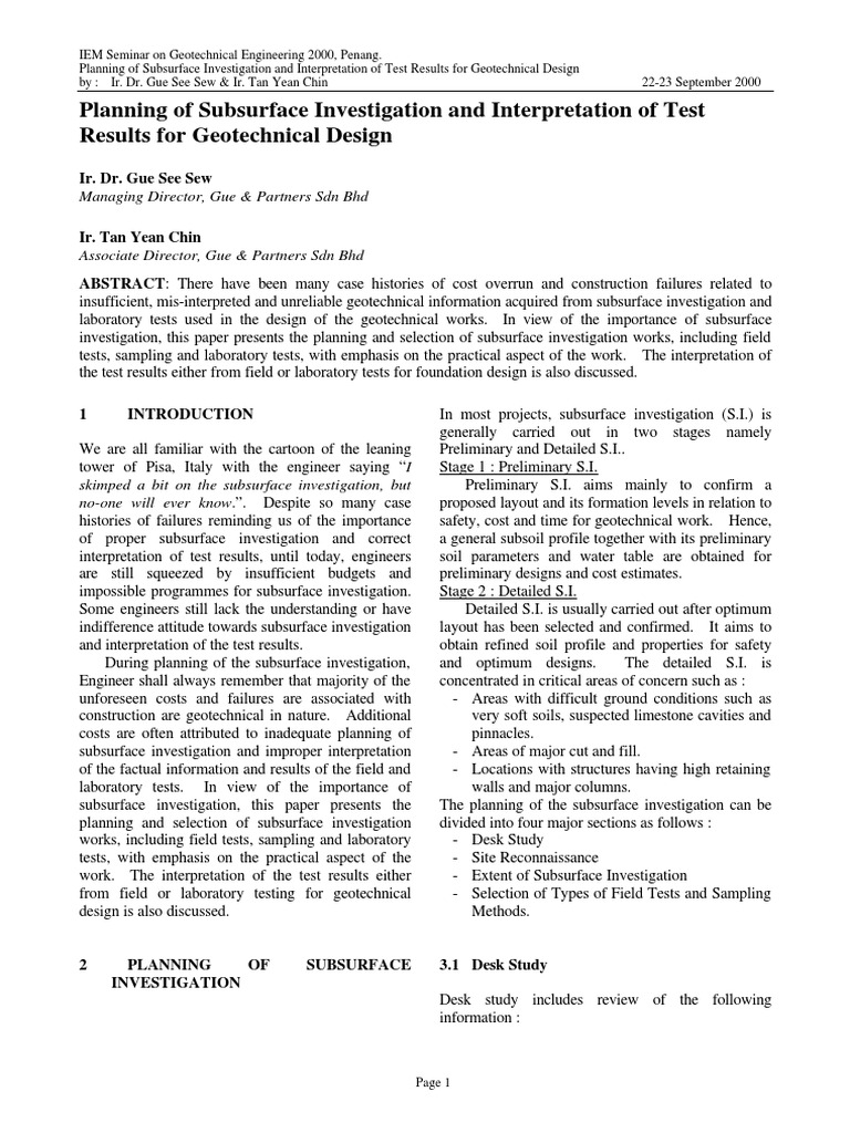 Subsurface Investigation for Geotechnical Design | PDF | Geotechnical ...