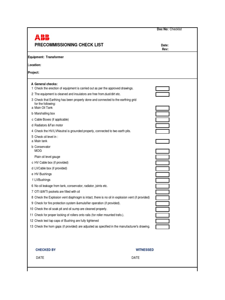 08.precommissioning Checklist General | PDF | Switch | Screw