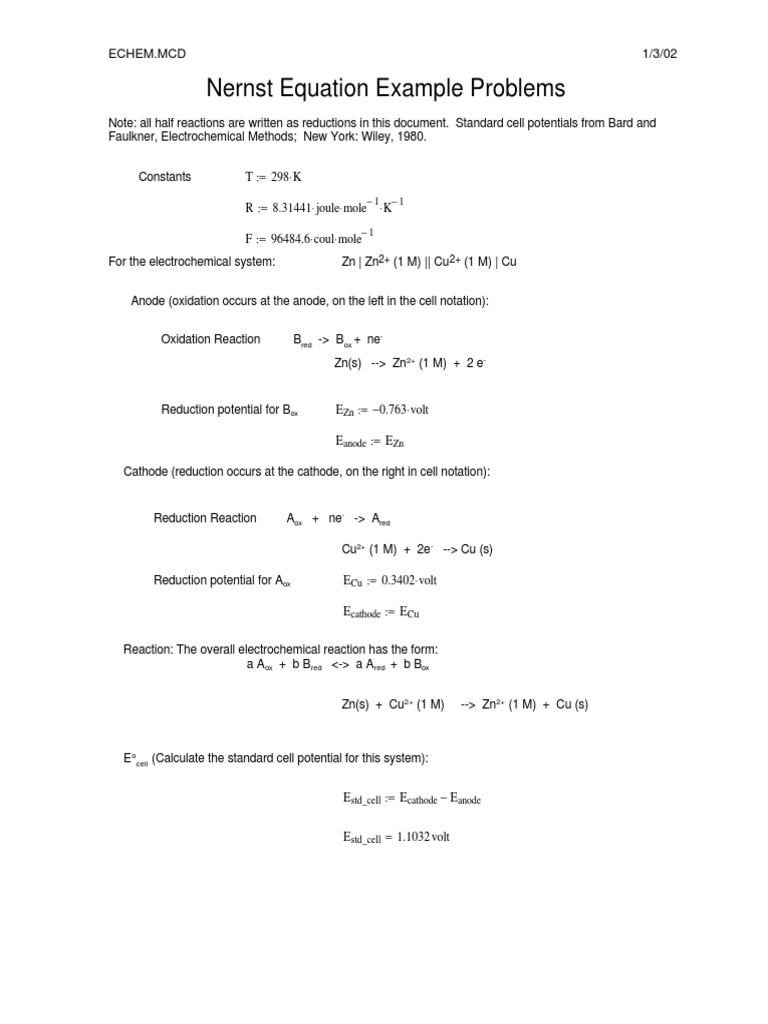Nernst Equation Example Problems: Echem - MCD 1/3/02 | PDF ...