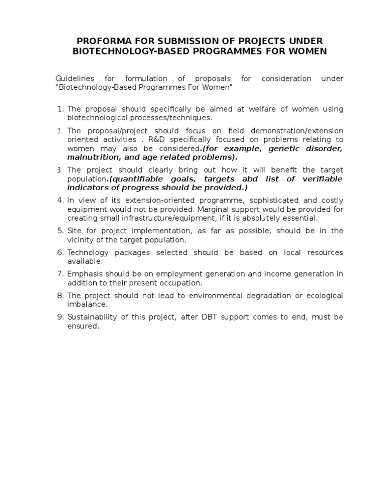 Proforma For Submission of Projects Under Biotechnology-Based ...