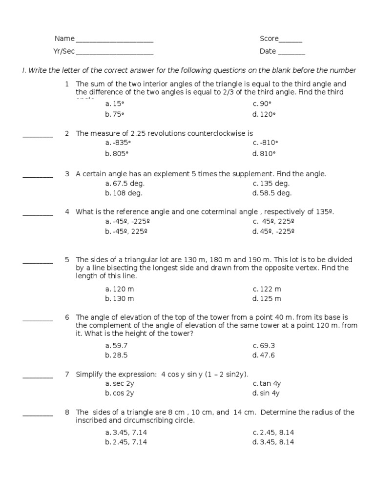 Advanced Math Quiz | PDF | Triangle | Circle