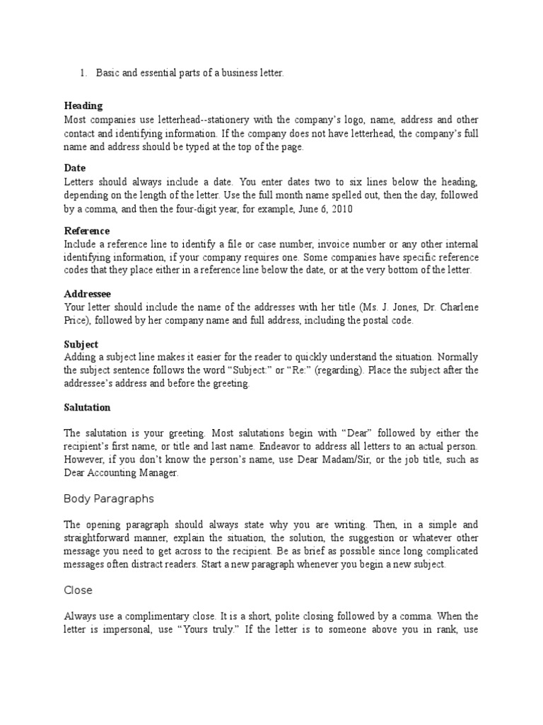 Basic and Essential Parts of A Business Letter | PDF | Written ...